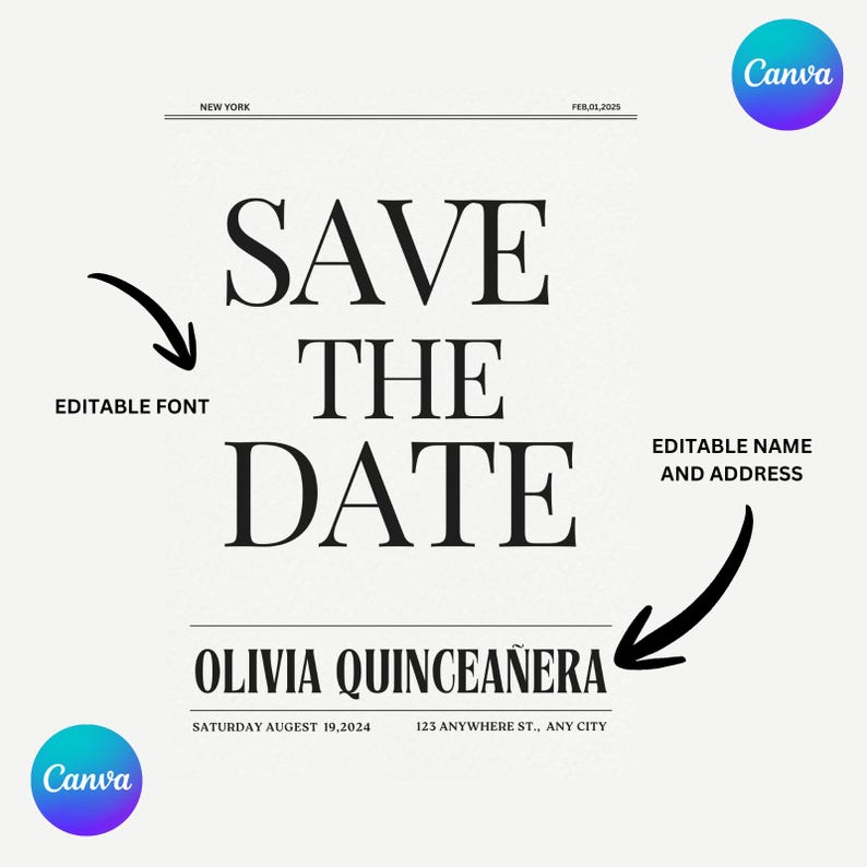 Quinceañera Save the Date Newspaper Template | Editable Canva Quince ...