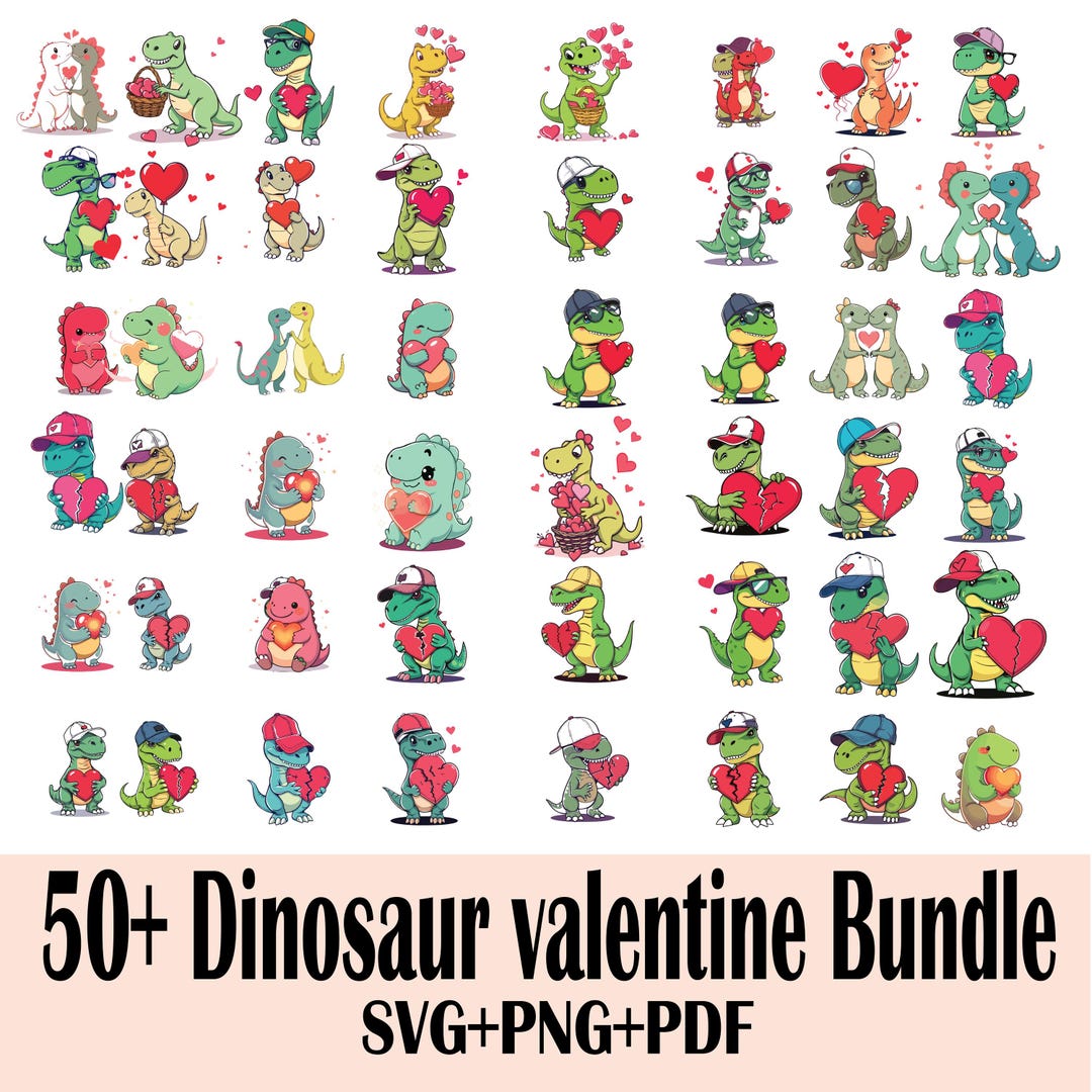 Dinosaur Valentine SVG Bundle | Cute Dino PNG Clipart | Funny T-rex ...