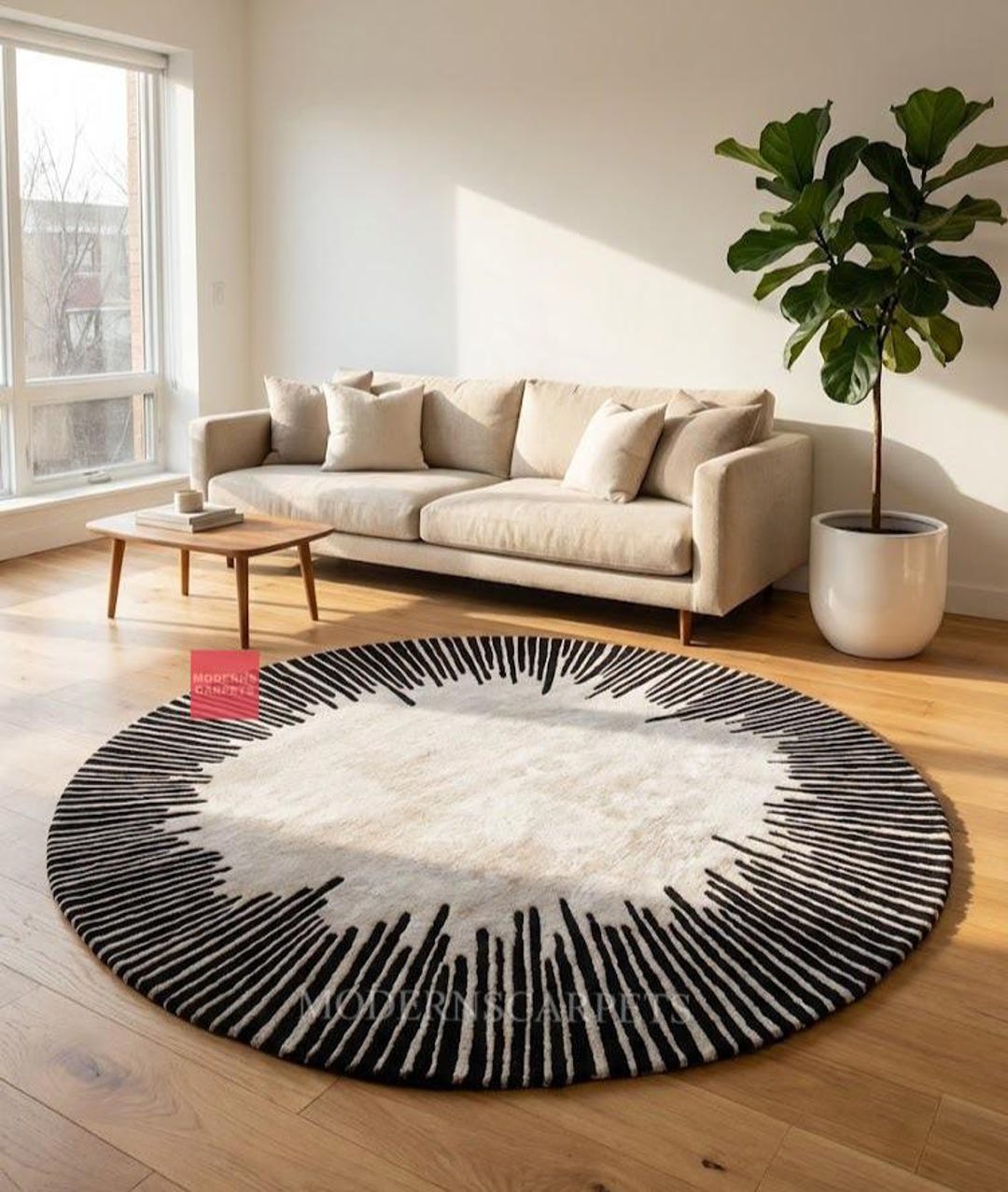 Black & White Coffee Table Round Rug | Abstract Sunburst Radial Pattern ...