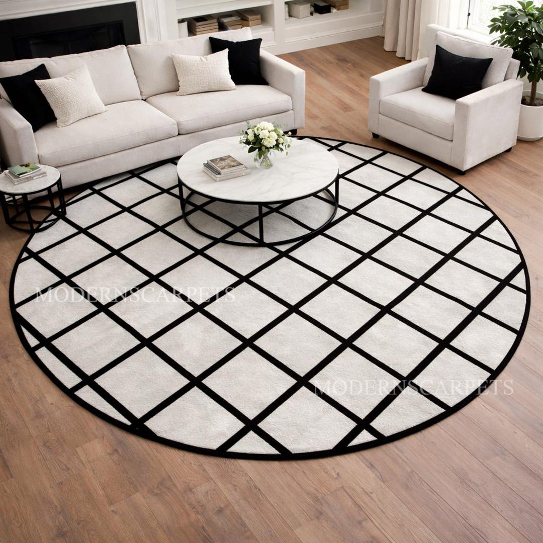Black White Checkered Geometric Pattern Rug 8x8 9x9 10x10 Black Grid ...