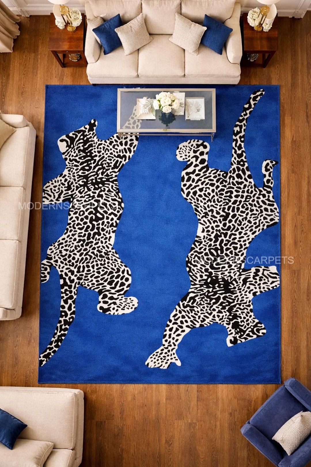 Royal Blue Leopard Rug, Handmade Animal Pattern Carpet, Luxury Modern ...