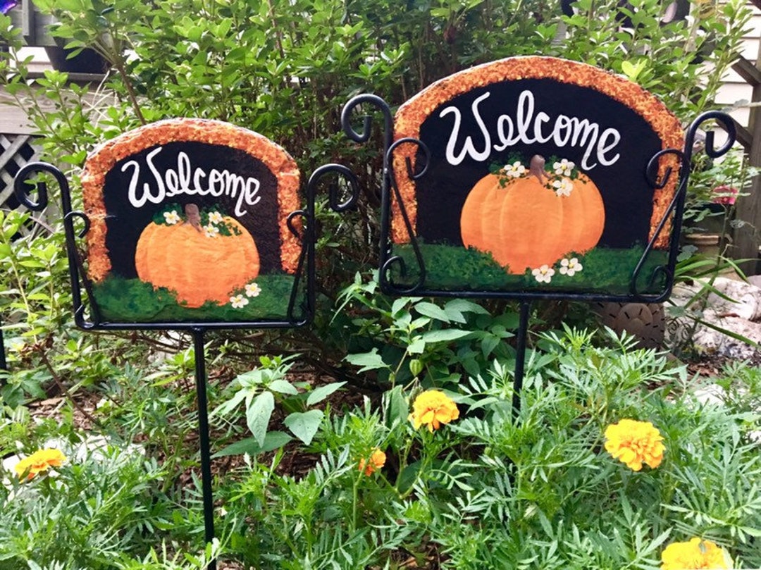 Orange Pumpkin Welcome Slate Sign: Fall Garden Decor - Iron Holder Sold ...