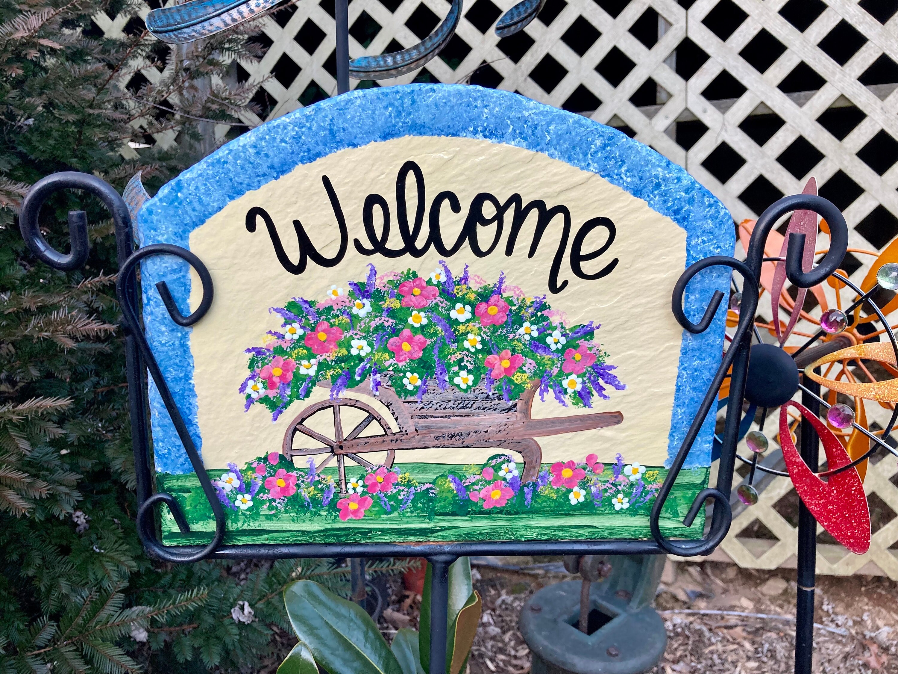 Summer Slate Welcome Sign: Flower Wheelbarrow Garden Decor - Iron ...