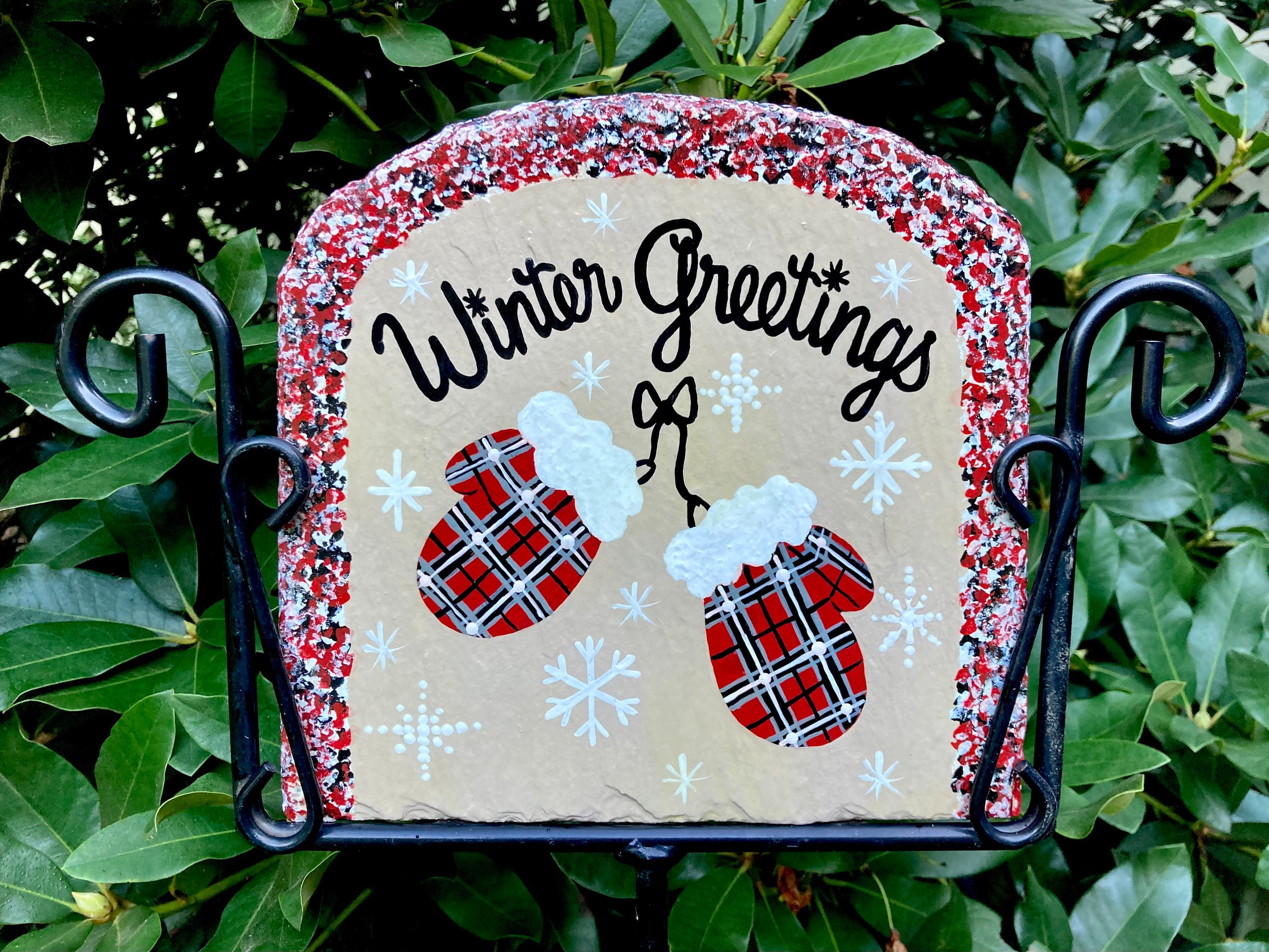 Winter Greetings Slate Welcome Sign: Plaid Mittens Garden Decor -iron ...