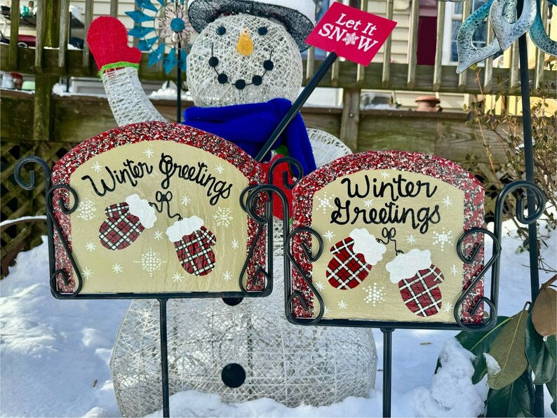 Winter Greetings Slate Welcome Sign: Plaid Mittens Garden Decor -iron ...