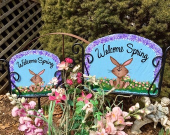 White Easter Bunny Rabbit & Eggs Spring Address Slate Welcome Sign ...