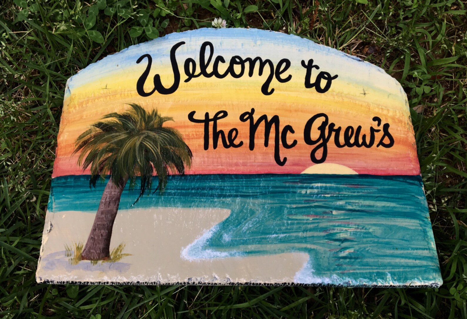 Summer Sunset Palm Tree on Beach Slate Welcome Sign - Etsy