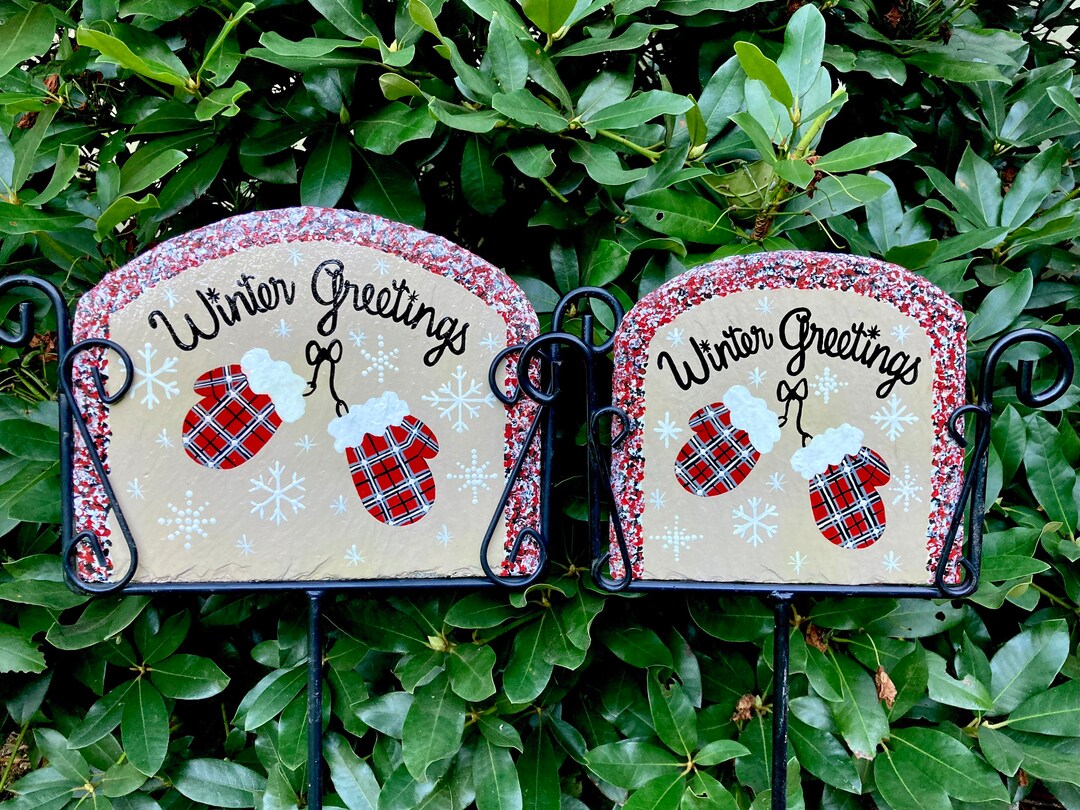 Winter Greetings Slate Welcome Sign: Plaid Mittens Garden Decor -iron ...