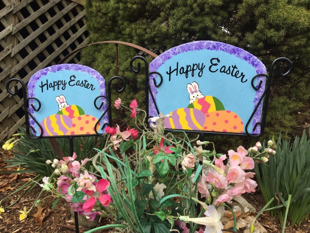 White Easter Bunny Rabbit & Eggs Spring Address Slate Welcome Sign ...
