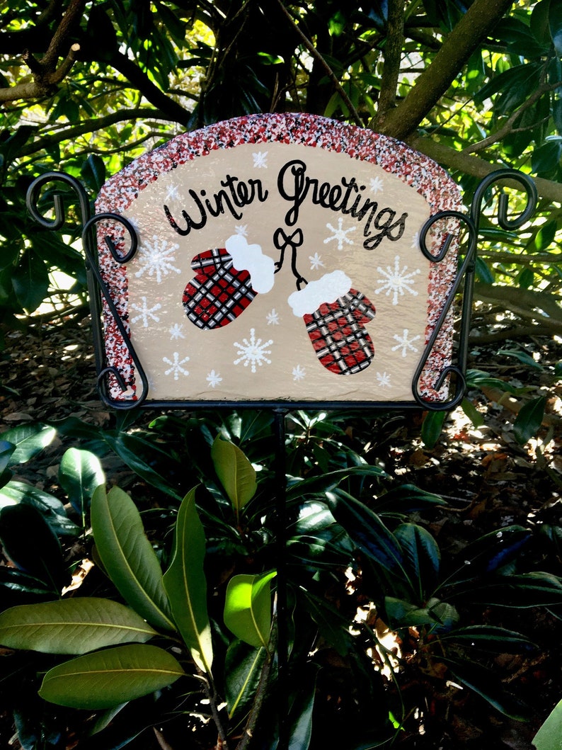 Winter Greetings Slate Welcome Sign: Plaid Mittens Garden Decor -iron ...