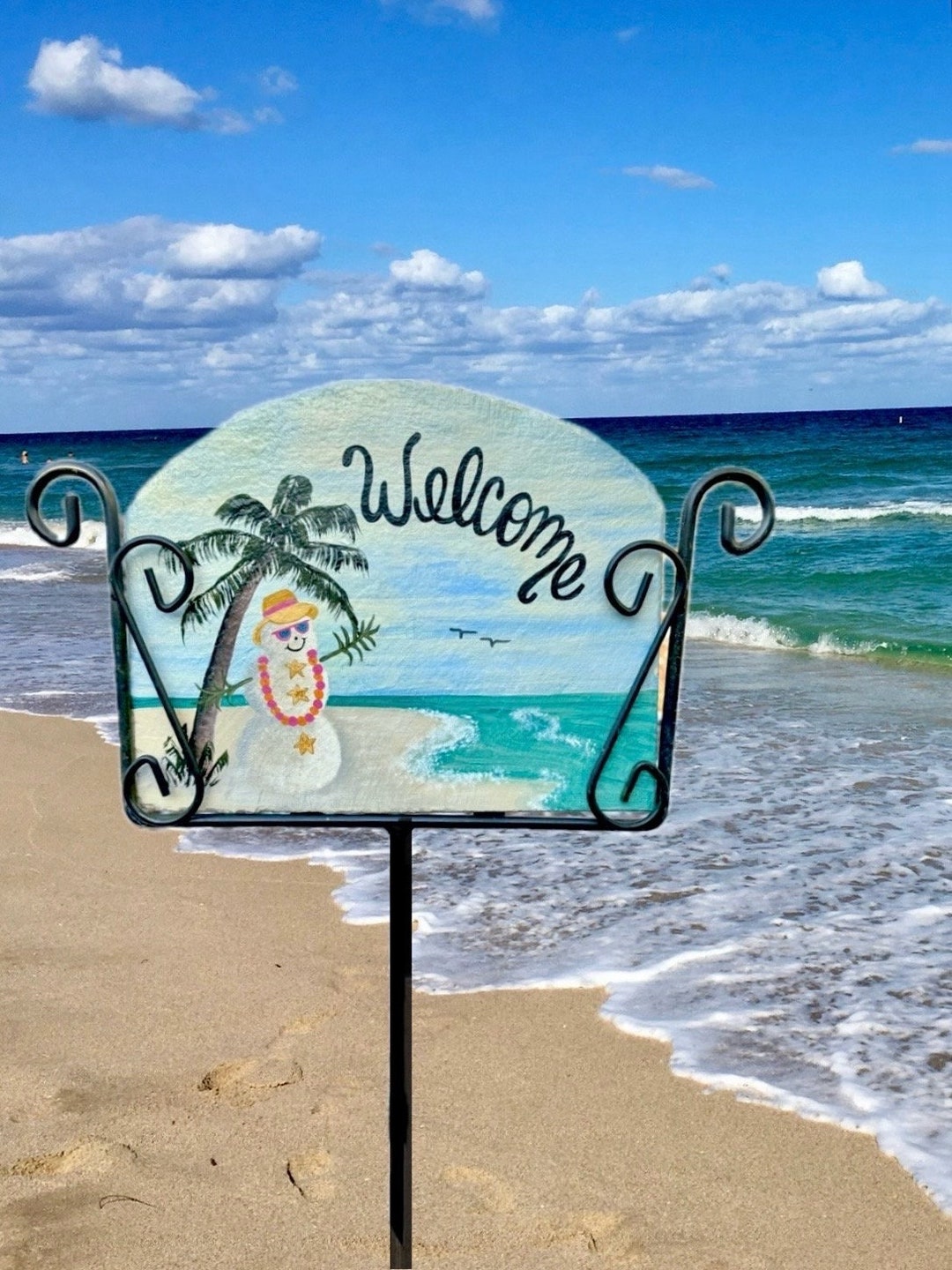 Beach Sandman Snowman Welcome Slate Sign: Tropical Winter Garden Decor ...