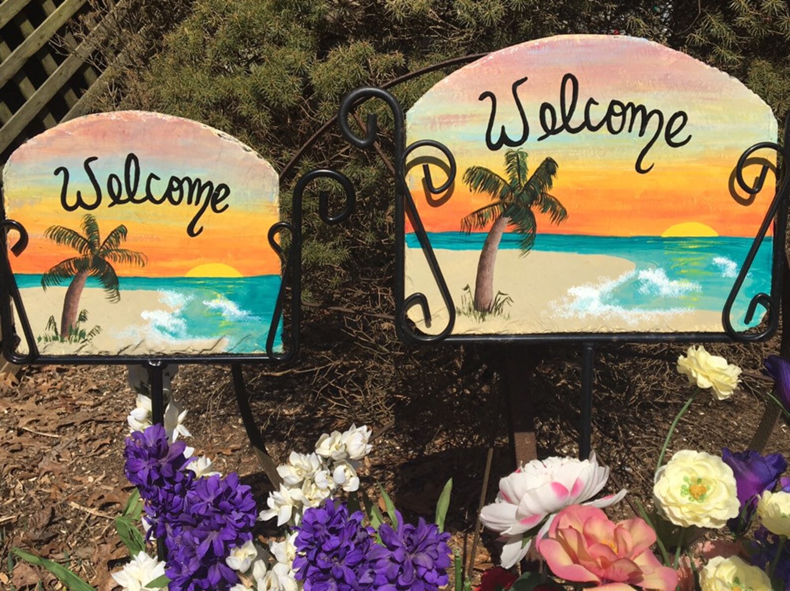 Summer Sunset Palm Tree on Beach Slate Welcome Sign - Etsy
