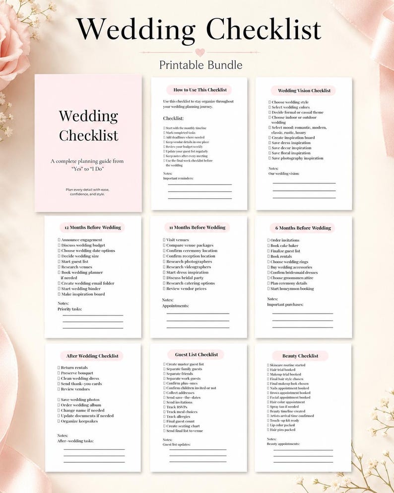 Wedding Checklist Planner, 50 Pages, Printable & Editable (digital ...