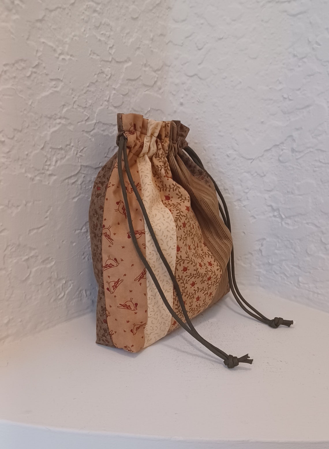 Draw String Tote Bag Brown School Bag Cosmetic Bagl Craft Work Bag FREE ...