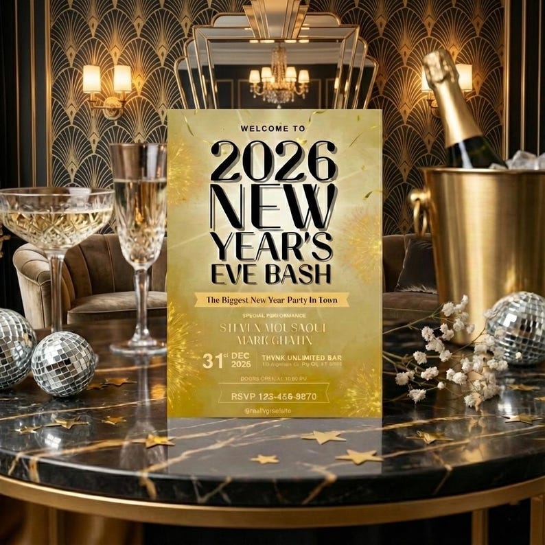 2026 New Year's Eve Party Invitation, Gold Fireworks NYE Bash Invite ...