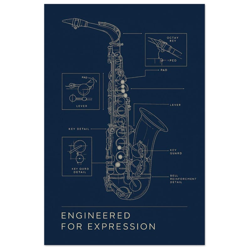 Saxophone Blueprint Poster – Engineered for Expression | Musician Wall ...