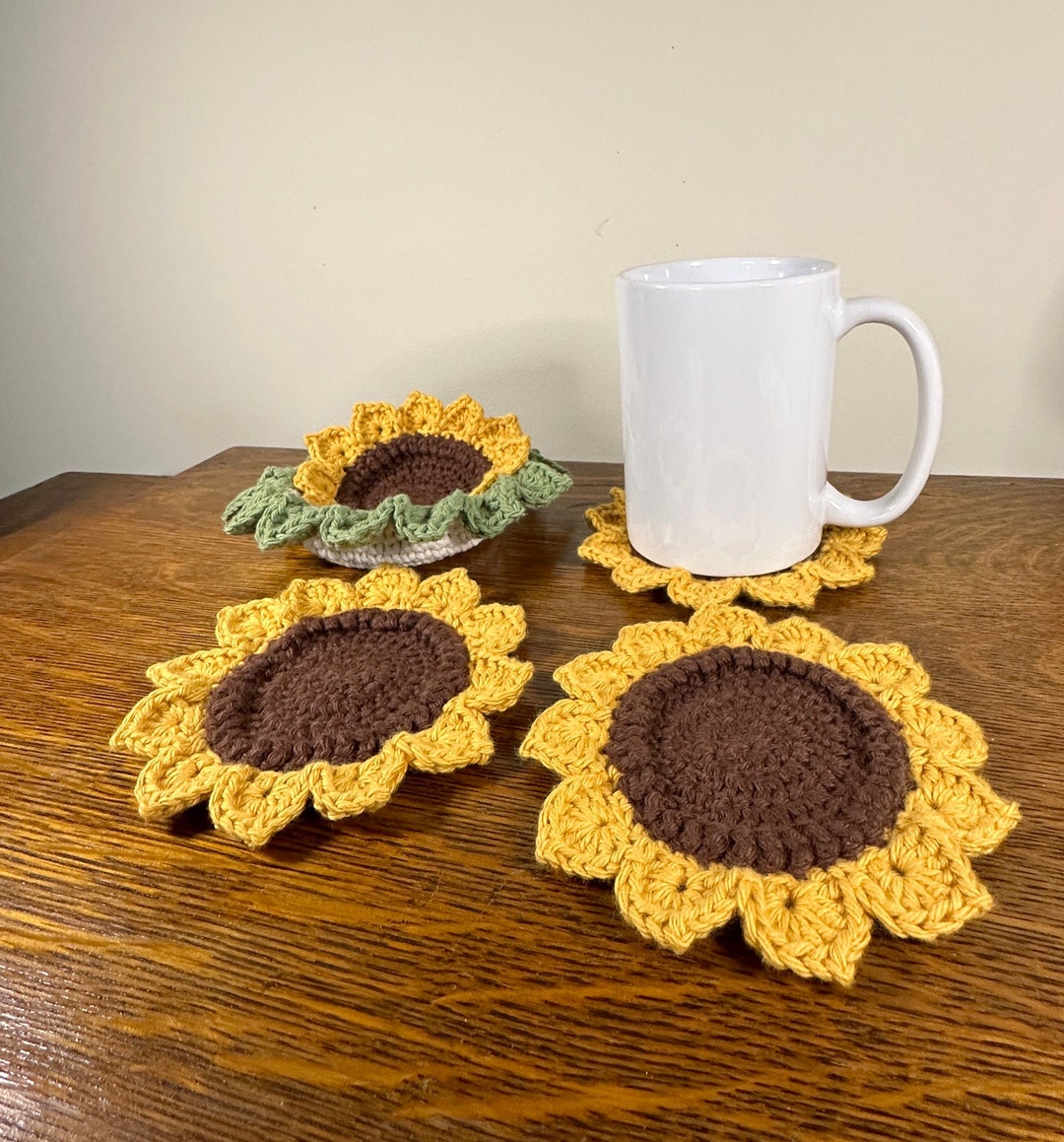 Crochet Sunflower Coaster Set, 4 Coasters With Planter, Basket With ...