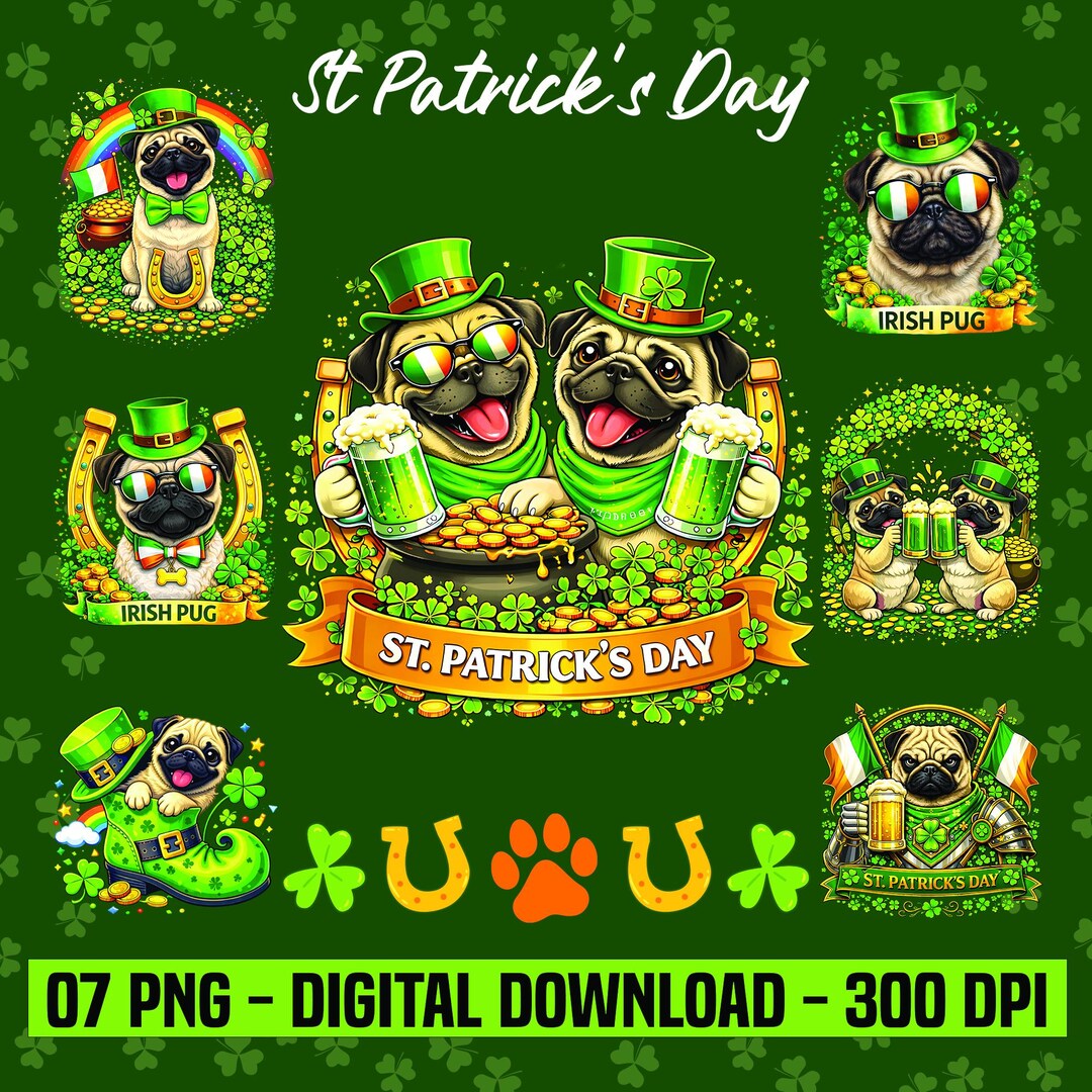 St Patrick’s Day Pug PNG Bundle, Irish Pug Clipart, Lucky Shamrock Dog ...