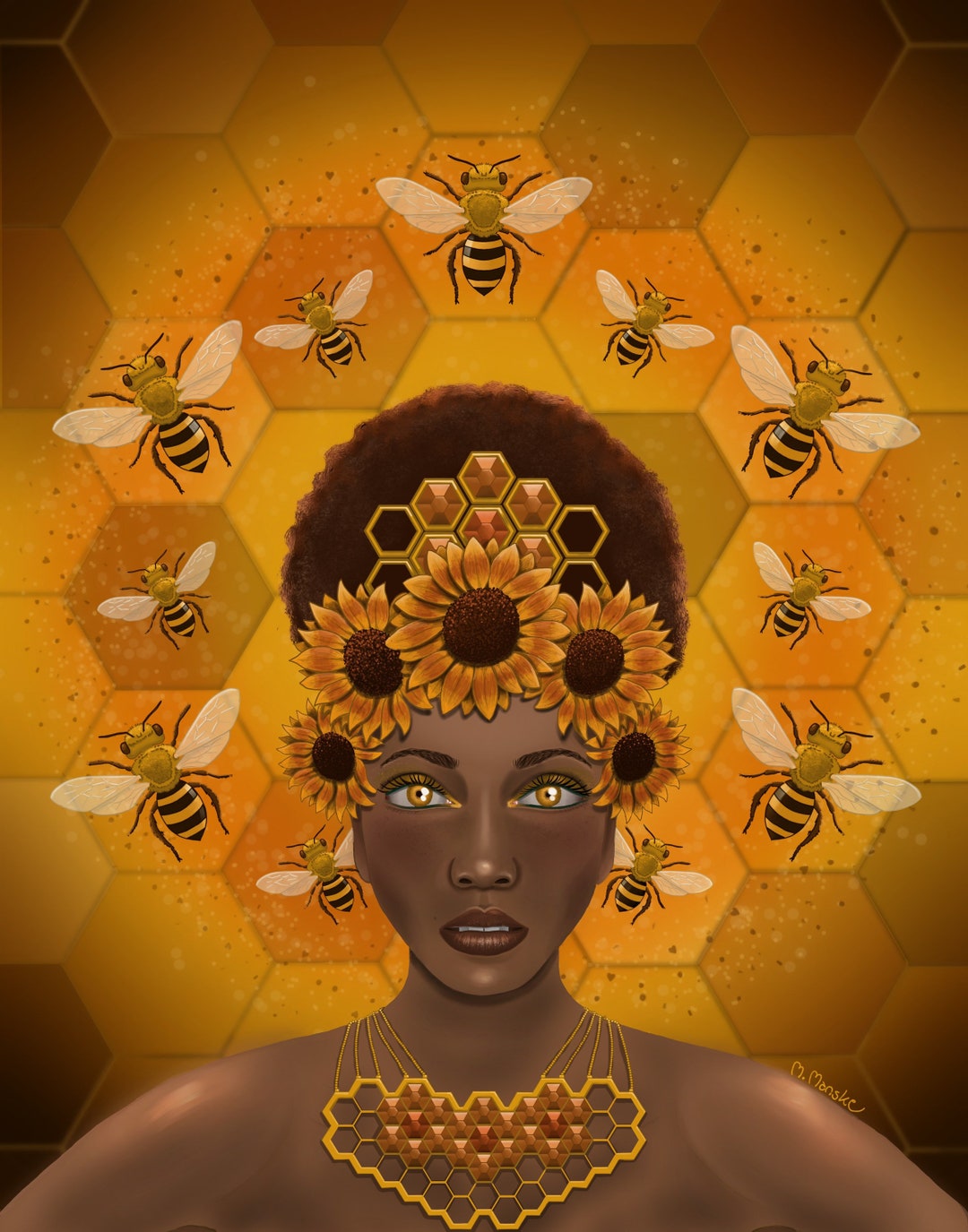 Bee Queen Woman With Bees and Honeycomb Jewelry Art Print - Etsy