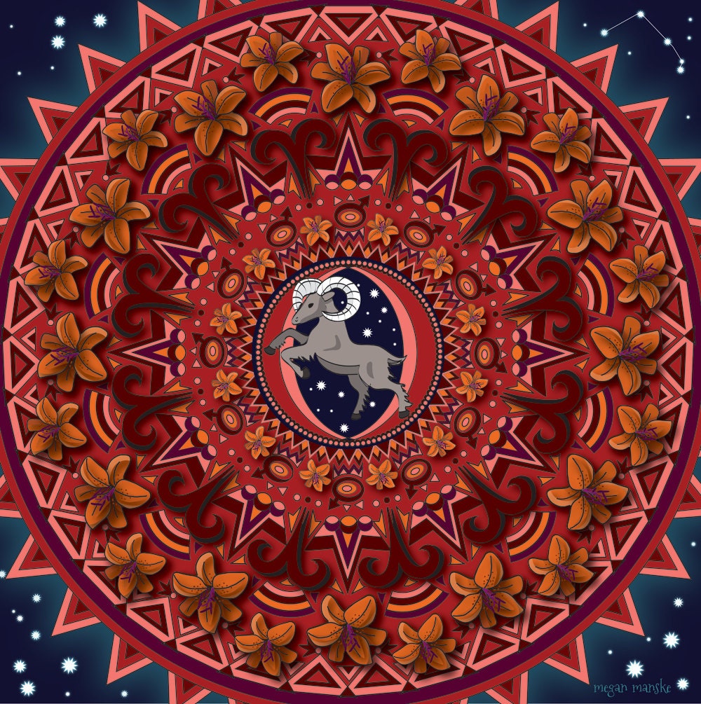 Aries Mandala, Zodiac Art Print, Astology Art, Ram, Star Sign, Fire ...