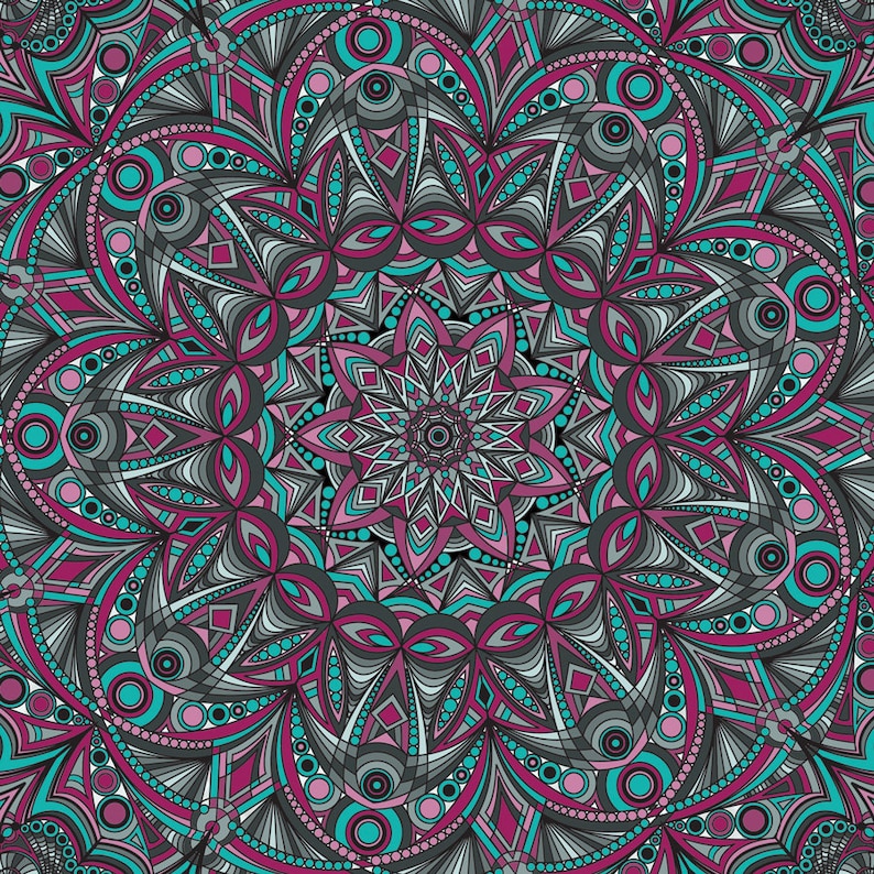 Gray and Magenta Mandala, Teal Background, Intricate Art, Cosmic ...