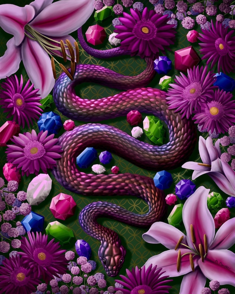 Slither Rainbow Snake With Jewels and Flowers Art Print - Etsy