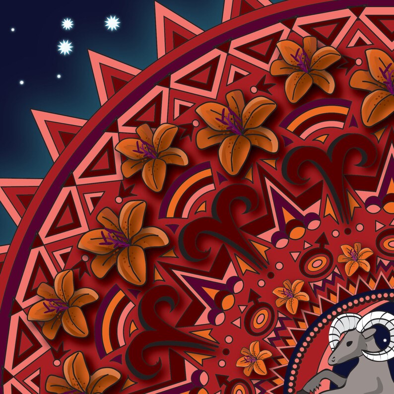 Aries Mandala, Zodiac Art Print, Astology Art, Ram, Star Sign, Fire ...
