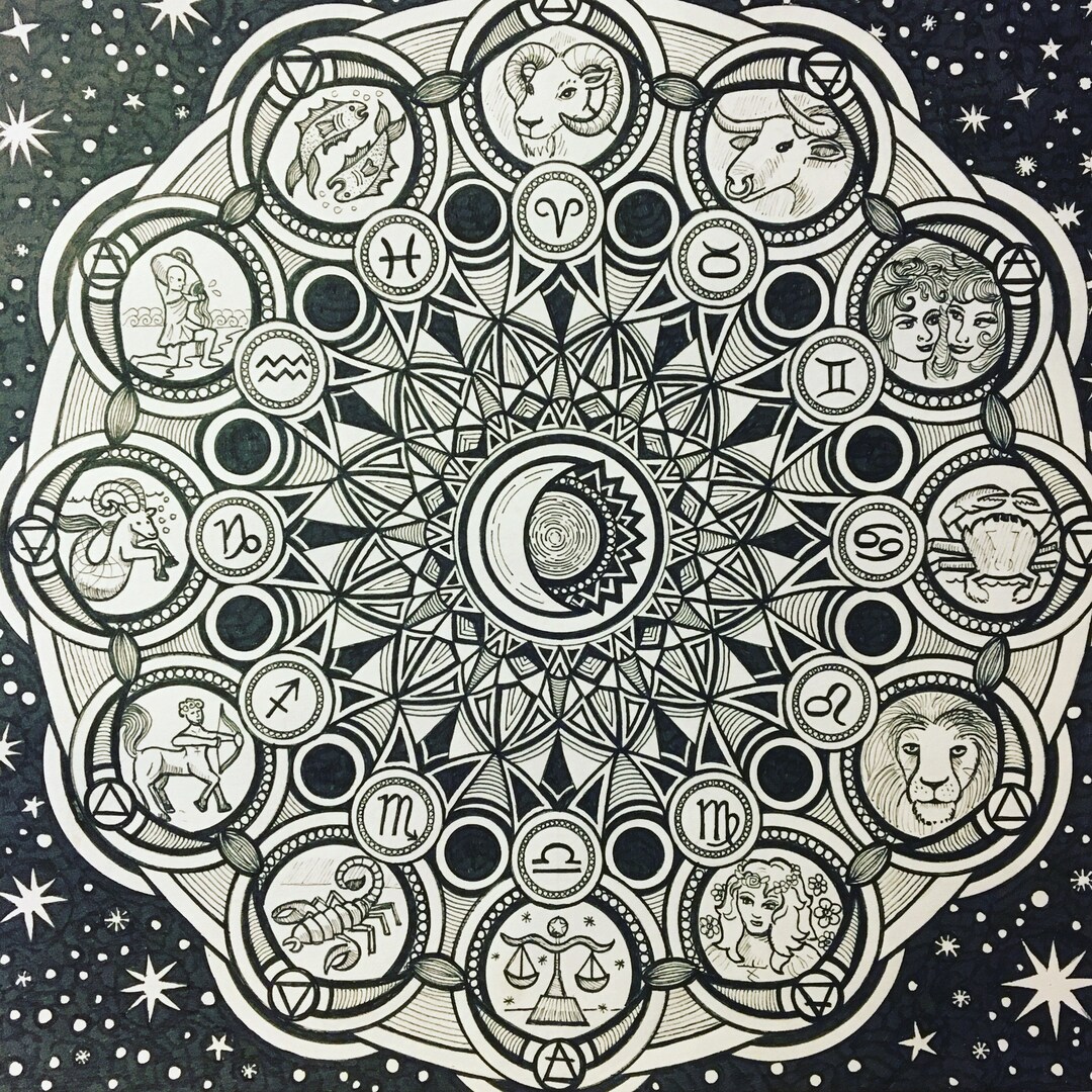 Zodiac Mandala - Print of Black and White Ink Drawing - Etsy