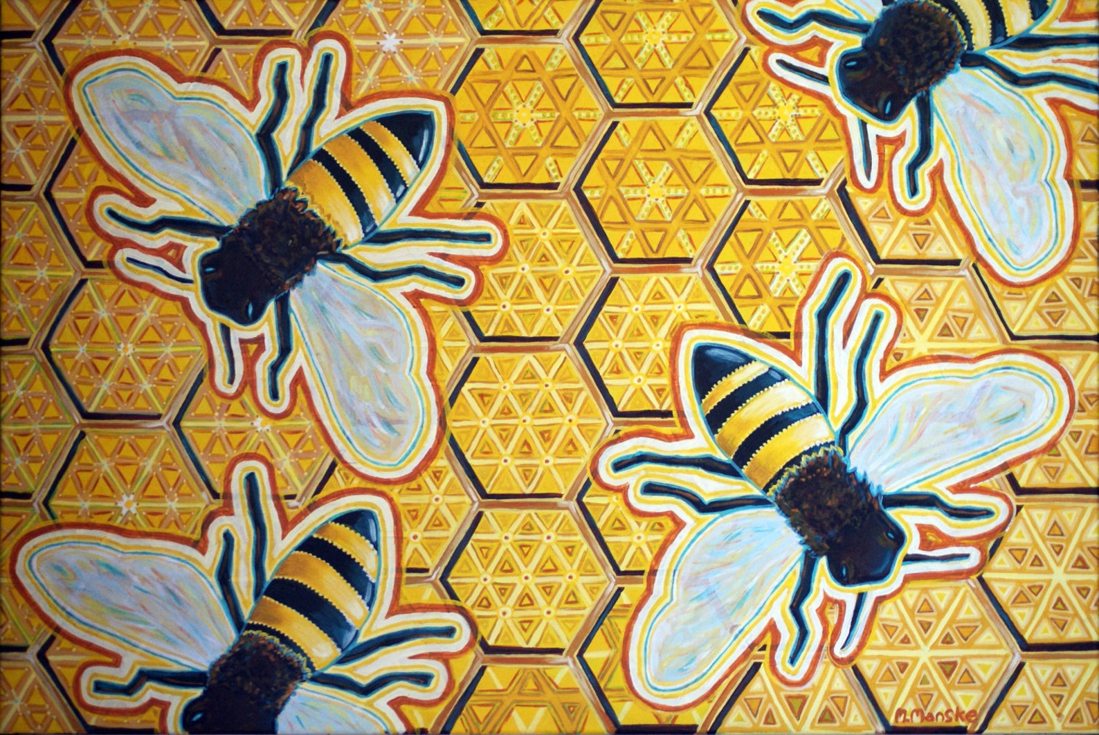 Sacred Bees, Geometric Bees, Honeycomb Pattern, Hexagon Art, Beehive ...