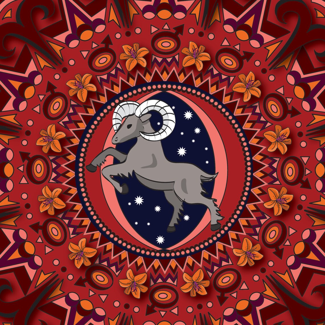 Aries Mandala, Zodiac Art Print, Astology Art, Ram, Star Sign, Fire ...