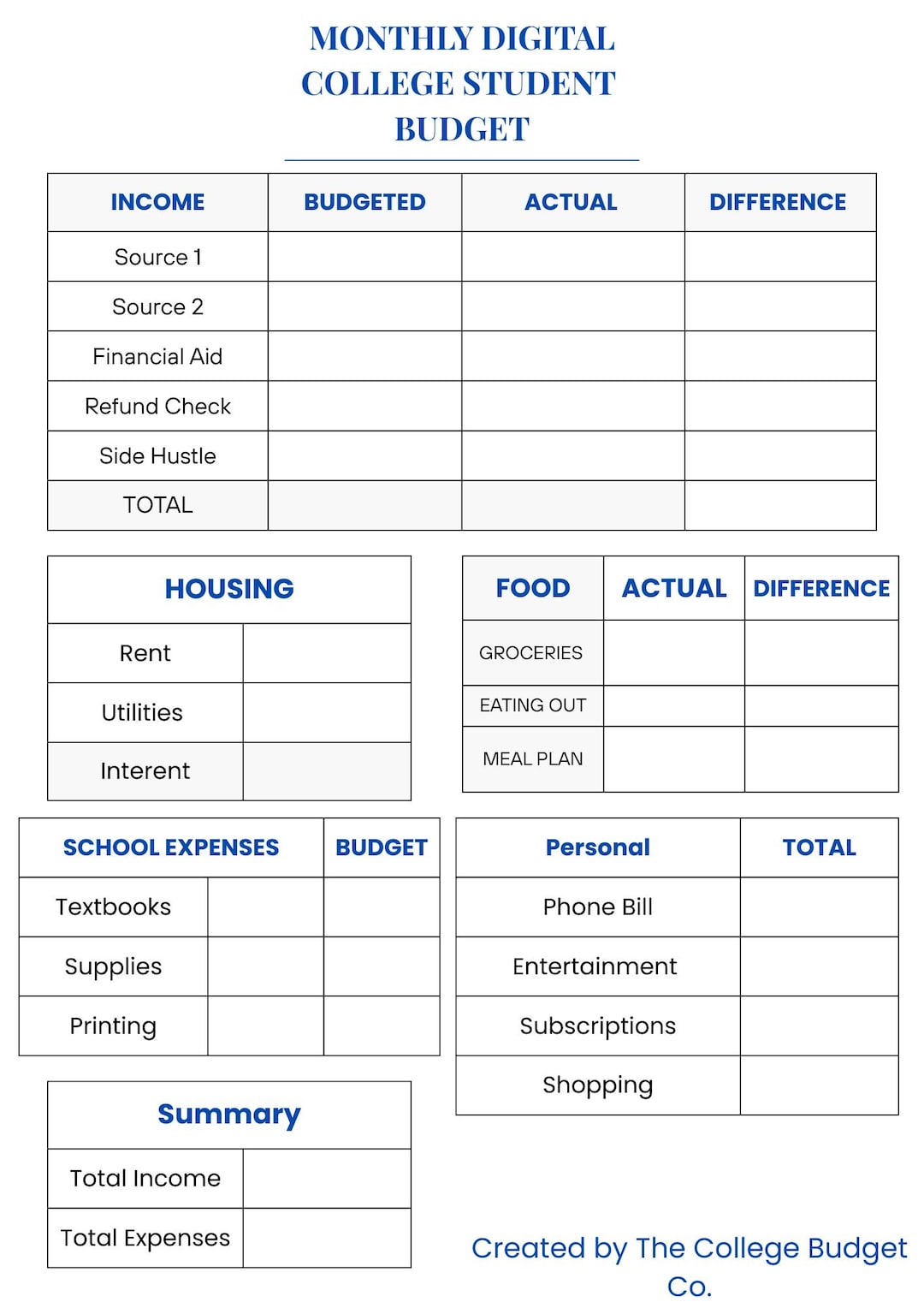 College Student Budget Template | Monthly Finance Planner (PDF), and ...