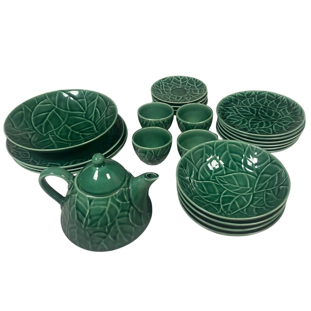 Pier 1 Stoneware Jade Leaves Teapot 4 Cups 13 Plates 5 Bowls Full Set ...