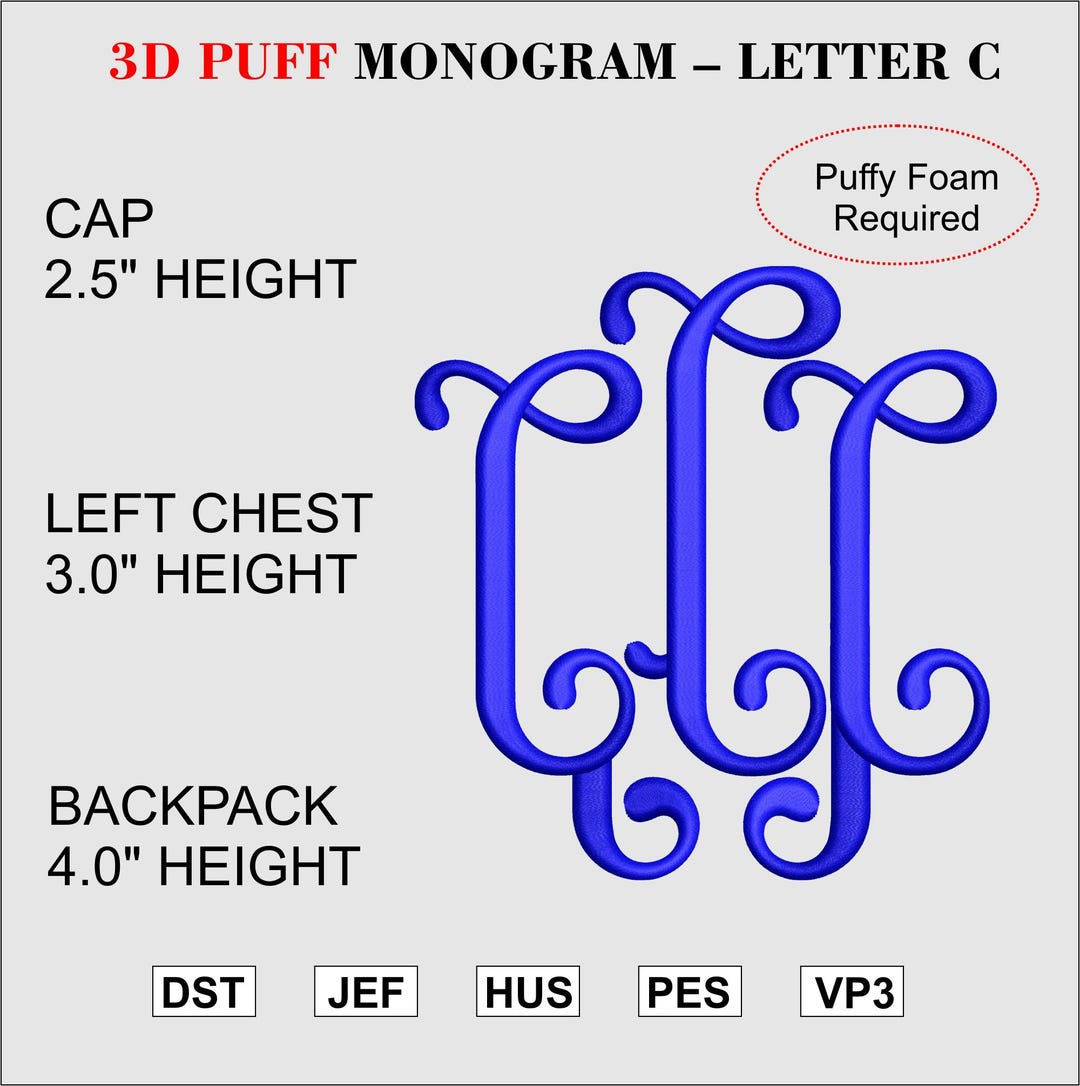 3D Puff Embroidery File Letter C Raised 3D Monogram DST PES - Etsy