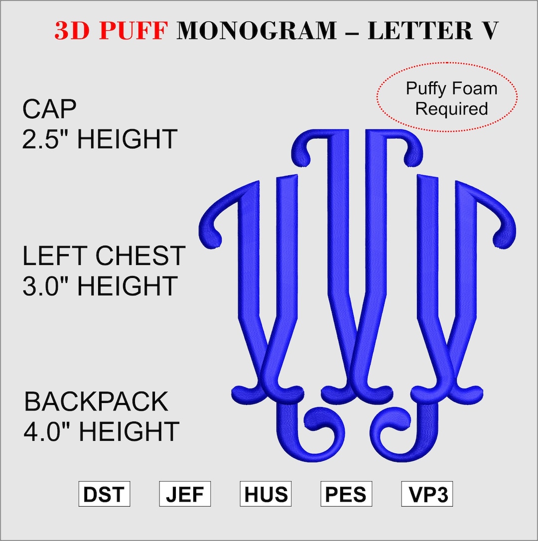 3D Puff Embroidery File Letter V Raised 3D Monogram DST PES - Etsy