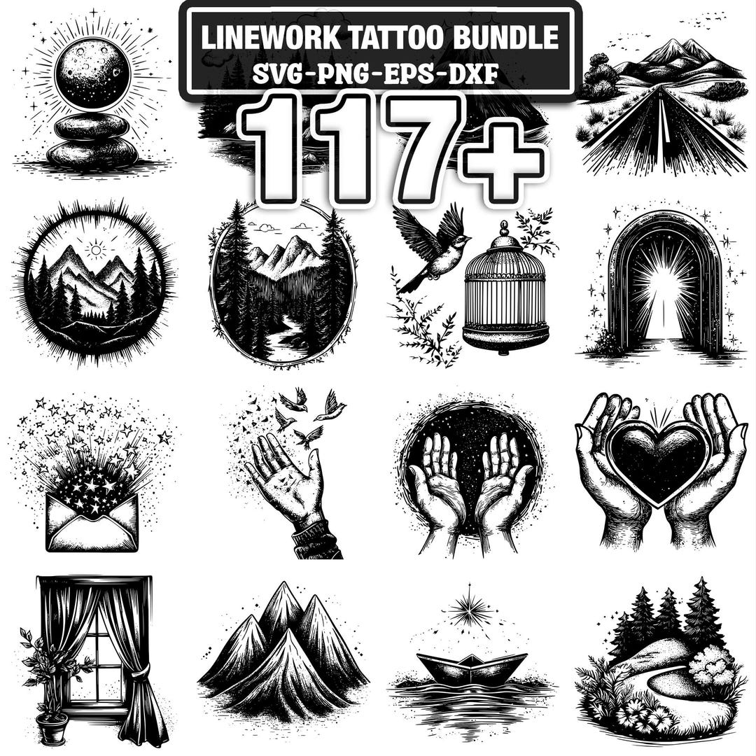 117+ Linework Tattoo Style Svg, Png, Dxf, Eps Designs Bundle | Instant ...