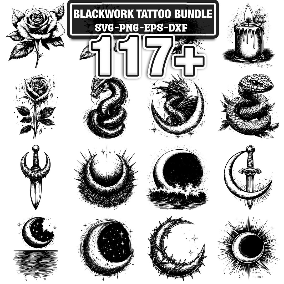 117+ Blackwork Tattoo Style Svg, Png, Dxf, Eps Designs Bundle | Instant ...