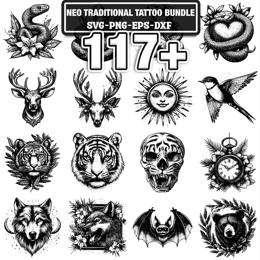 117+ Neo Traditional Tattoo Style Svg, Png, Dxf, Eps Designs Bundle ...