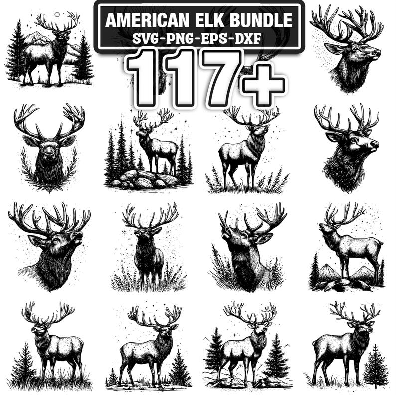 117+ American Elk Svg, Png, Dxf, Eps Designs Bundle | Instant Digital ...
