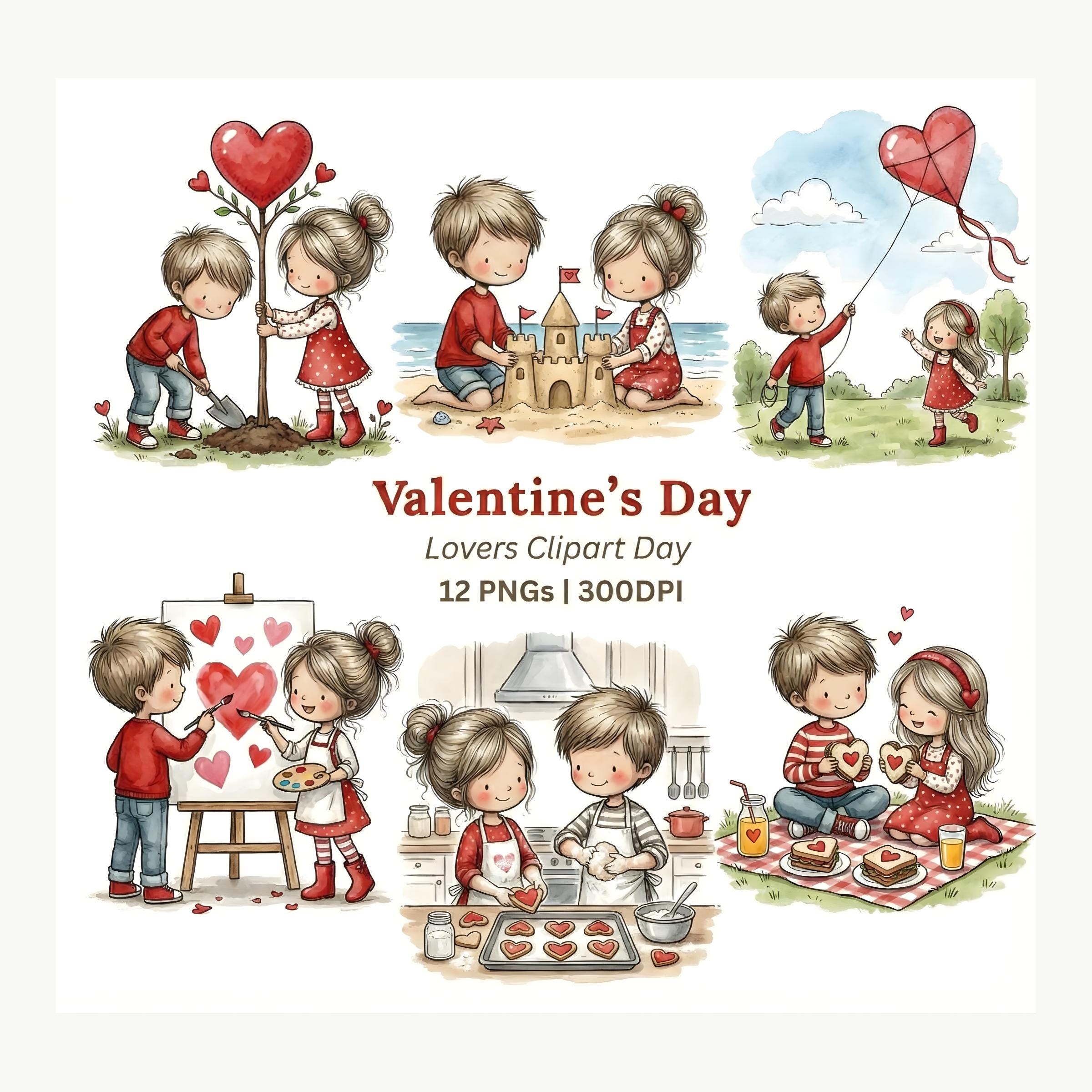 Valentine Kids Clipart, Boy and Girl Couples in Love, Watercolor PNG ...