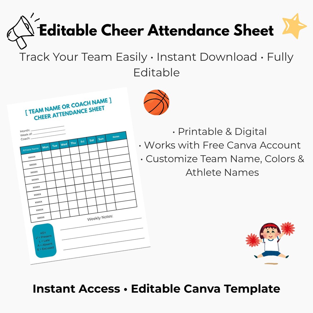 Editable Athlete Attendance Sheet | Printable Canva Template | School ...