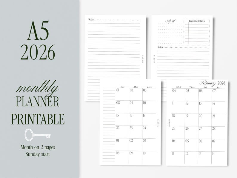 Printable 2026 Monthly Planner A5 | Sunday Start, Notes Page (printable ...