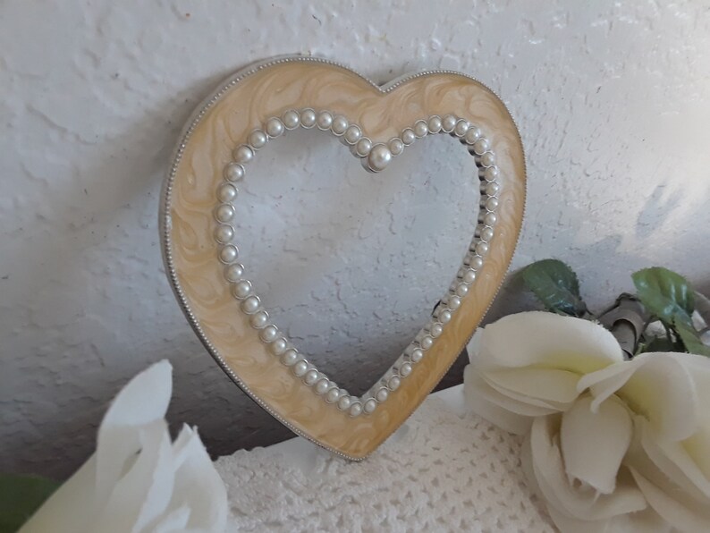 Vintage Silver, Light Yellow Enamel & Faux Pearl Picture Frame 3.5 X 3. ...