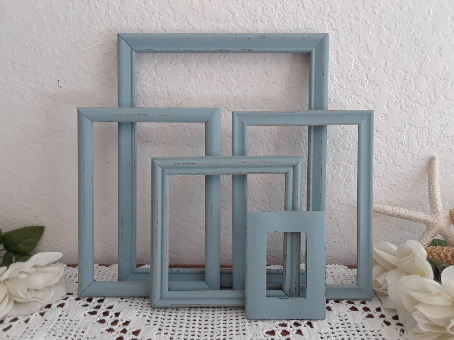 Blue Picture Frame Set Upcycled Vintage Rustic Shabby Chic Distressed ...