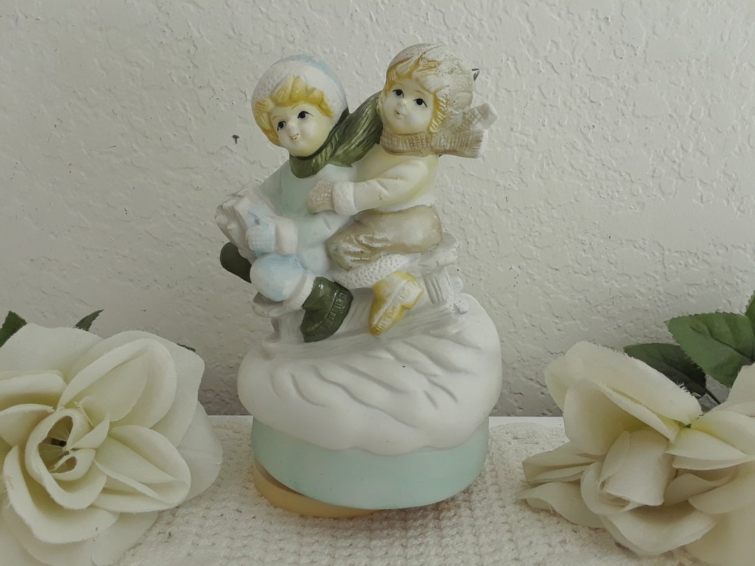 Vintage Girl & Boy Revolving Music Box Musical Rotating Kids Sledding ...