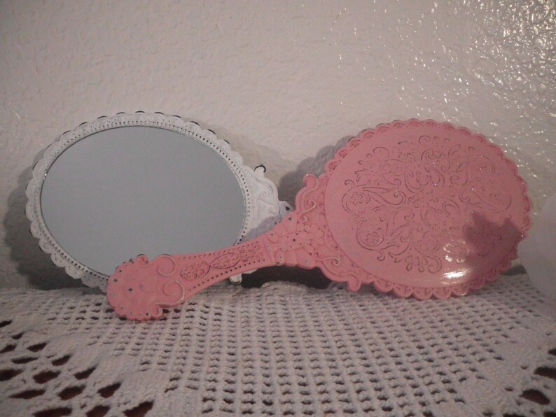 Hand Held Mirror Ornate Rustic Pink White Shabby Chic Cottage - Etsy