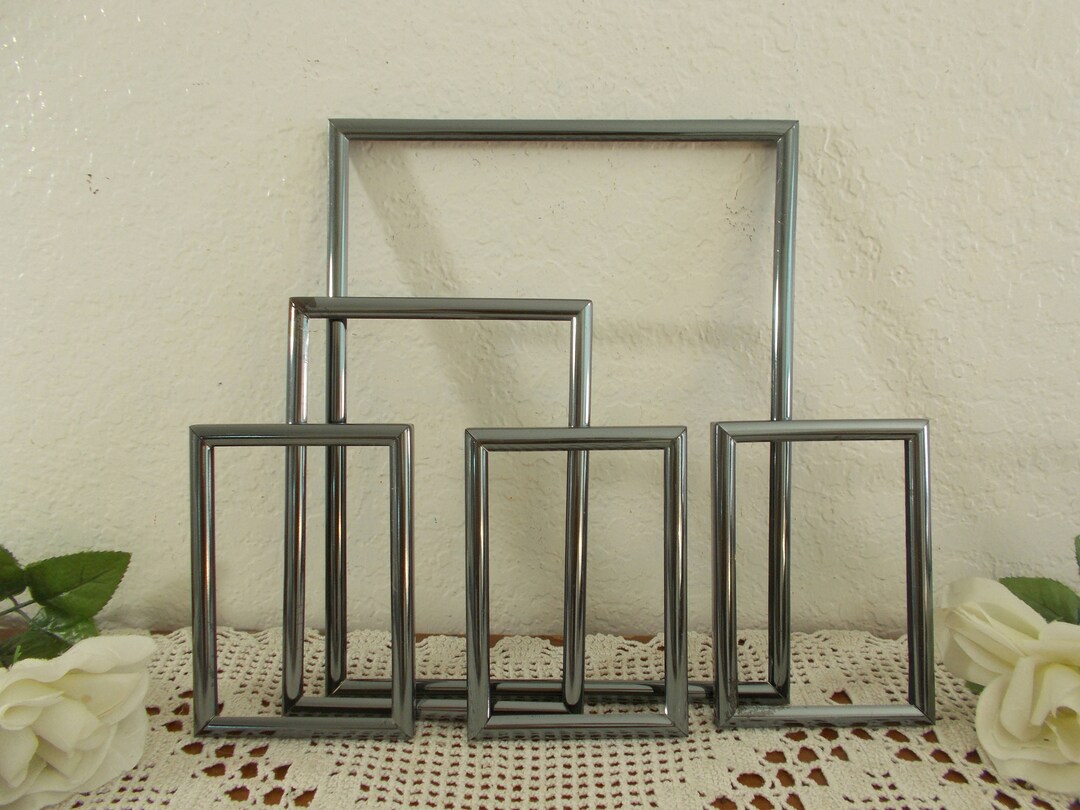 Vintage Metallic Grey Picture Frame Set Gray Metal Photo Decoration Mid ...