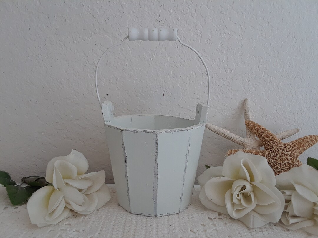 White Chippy Shabby Chic Wedding Pail Flower Girl Basket Upcycled ...
