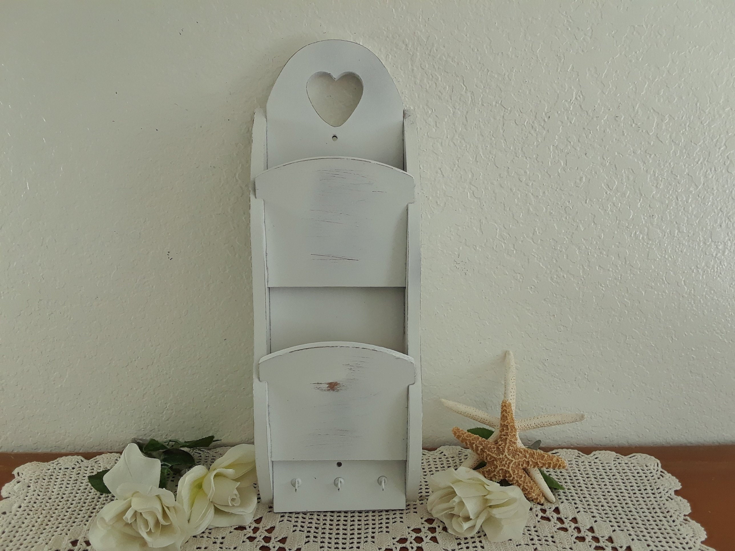 White Shabby Chic Heart Mail / Key Rack Storage Organizer | Etsy