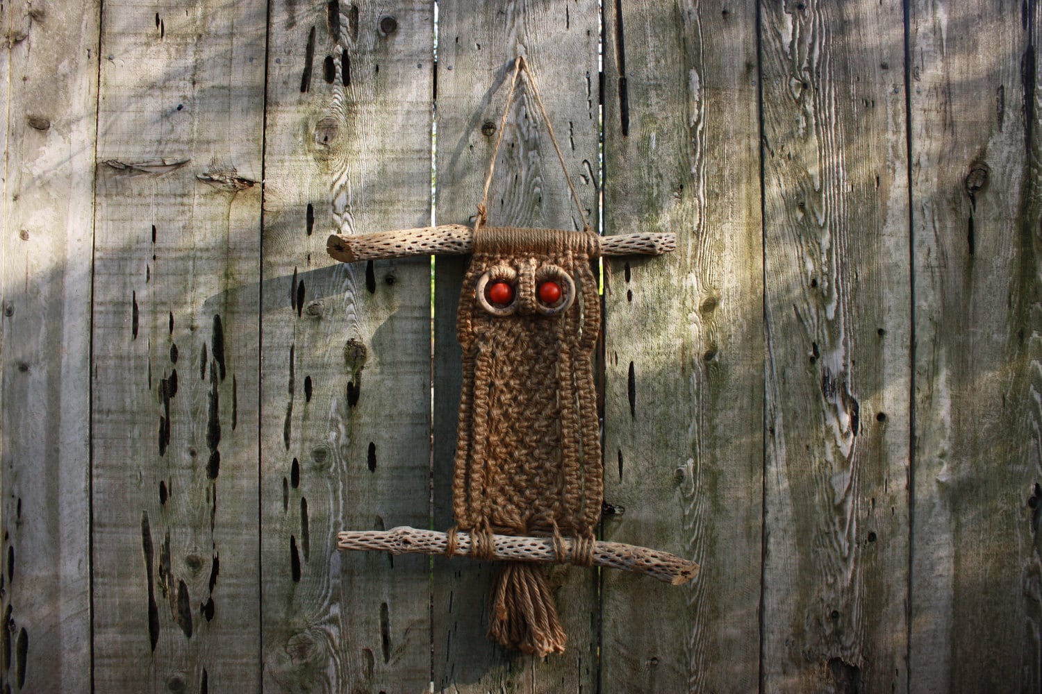 Owl Wall Decor Vintage Large Macrame 70s Brown Orange Eyed | Etsy