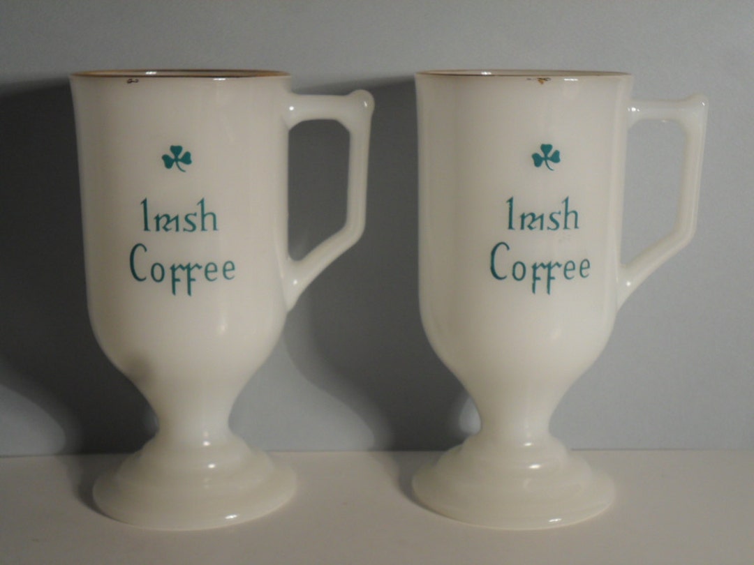 Vintage Irish Coffee Cup Set White Milk Glass Green Shamrock Letters ...